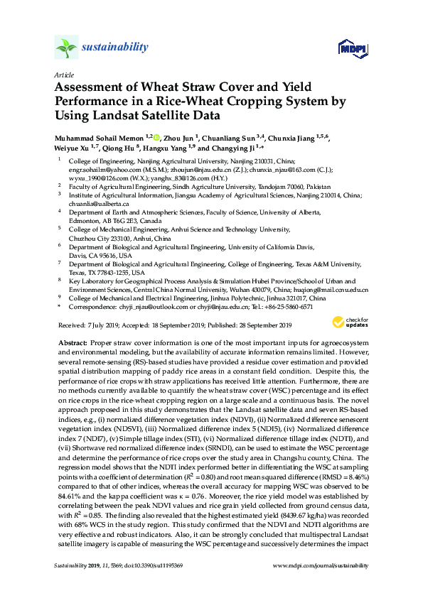 (PDF) Assessment of Wheat Straw Cover and Yield Performance in a Rice-Wheat Cropping System by ...