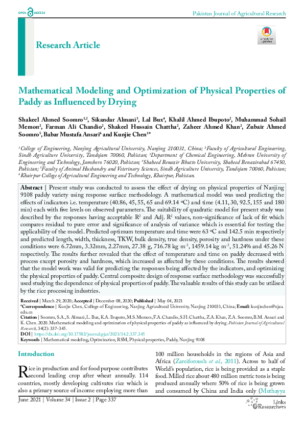 (PDF) Mathematical Modeling and Optimization of Physical Properties of Paddy as Influenced by Drying