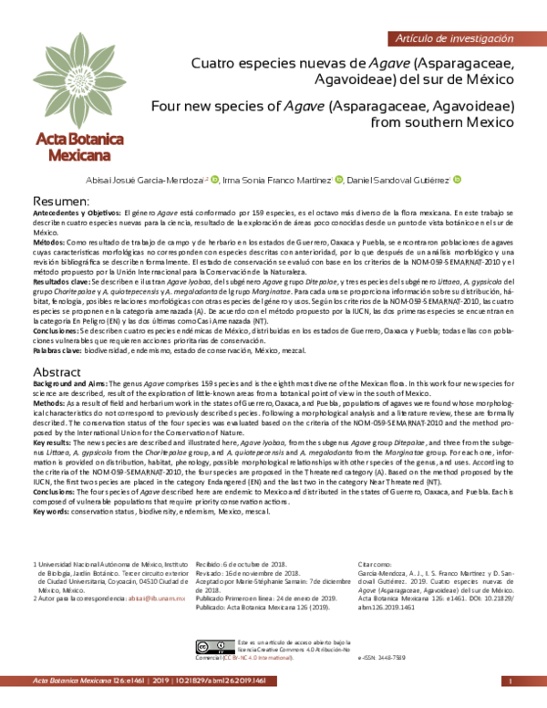 (PDF) Cuatro especies nuevas de Agave (Asparagaceae, Agavoideae) del ...