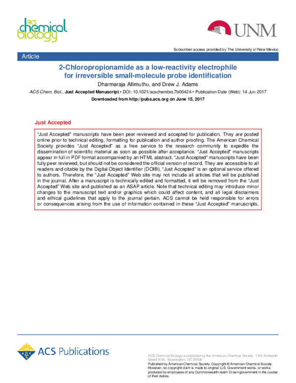 (PDF) 2-Chloropropionamide As a Low-Reactivity Electrophile for ...