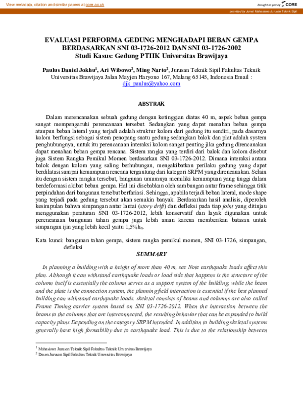 (PDF) EVALUASI PERFORMA GEDUNG MENGHADAPI BEBAN GEMPA BERDASARKAN SNI 03-1726-2012 DAN SNI 03 ...