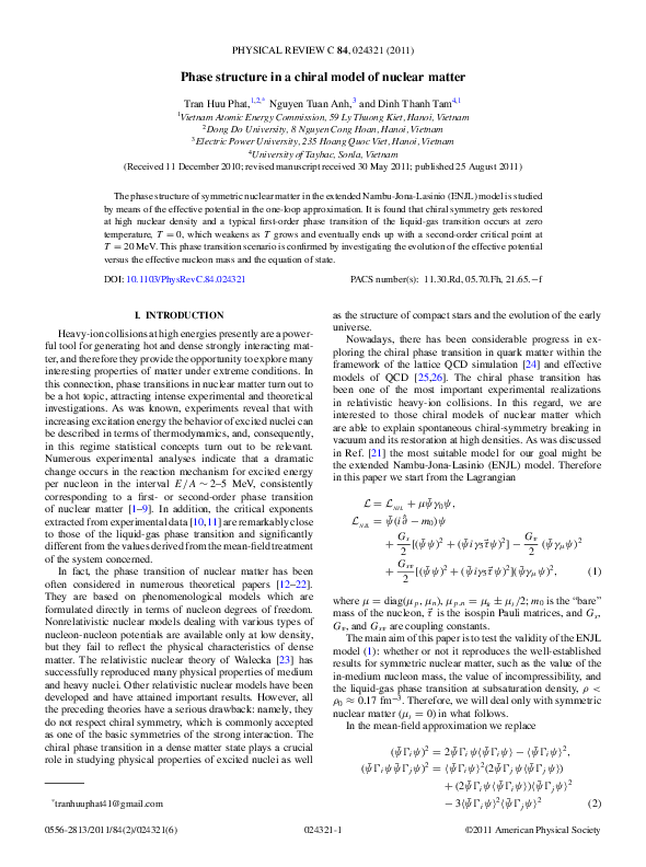 (PDF) Phase structure in a chiral model of nuclear matter