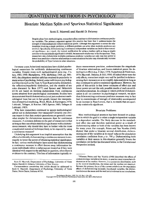 (PDF) Bivariate median splits and spurious statistical significance