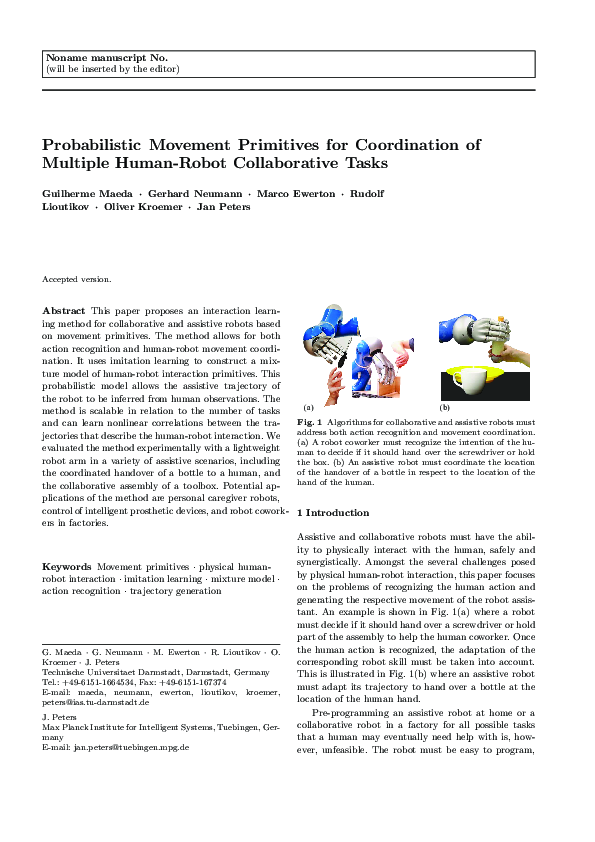 (PDF) Probabilistic movement primitives for coordination of multiple human–robot collaborative tasks
