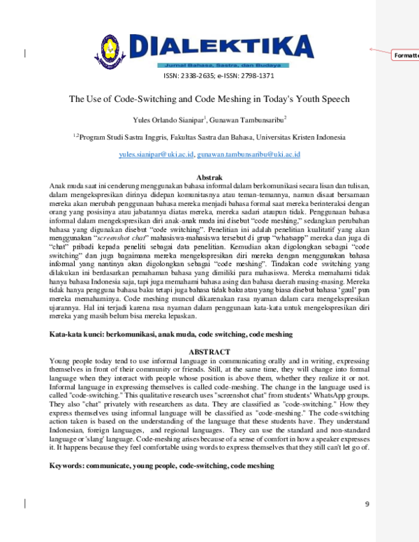 (PDF) The Use of Code Switching and Code Meshing in Today's Youth Speech