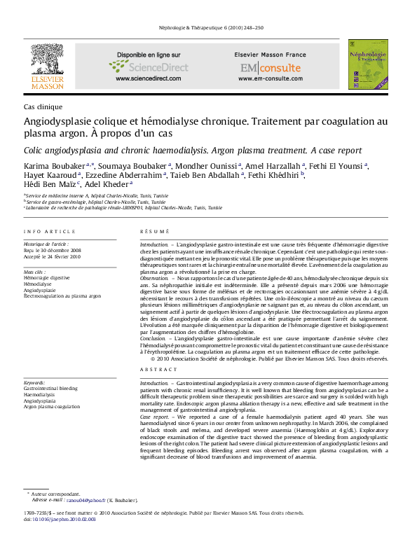 (PDF) Angiodysplasie colique et hémodialyse chronique. Traitement par ...