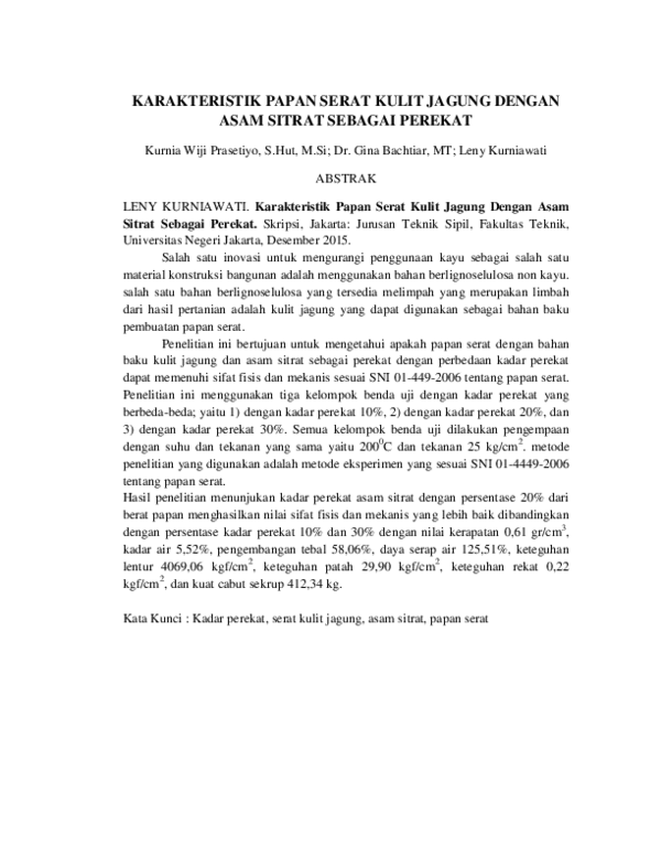(PDF) Karakteristik Papan Serat Kulit Jagung Dengan Asam Sitrat Sebagai ...