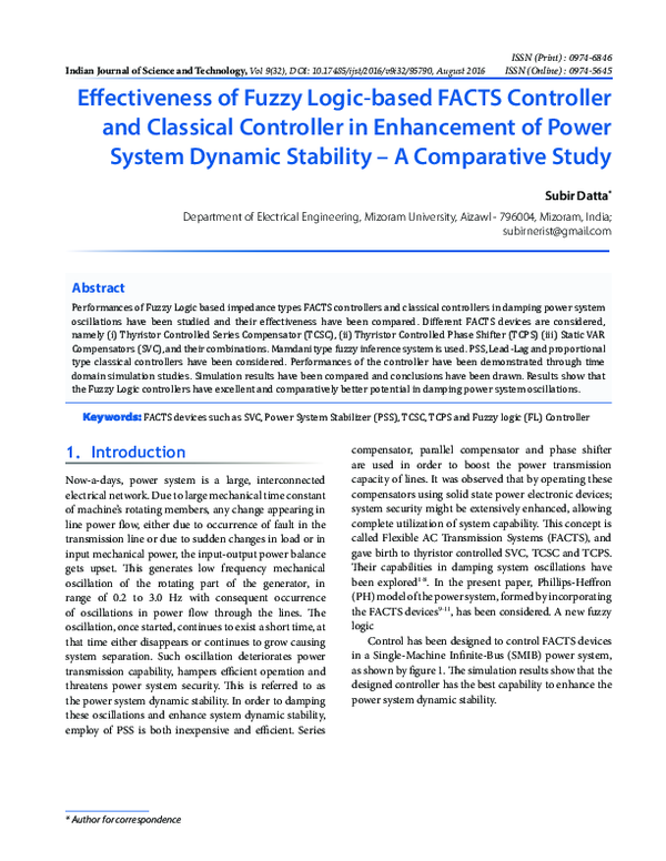 Pdf Effectiveness Of Fuzzy Logic Based Facts Controller And Classical