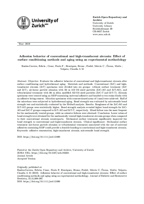 (PDF) Adhesion behavior of conventional and high‐translucent zirconia: Effect of surface ...