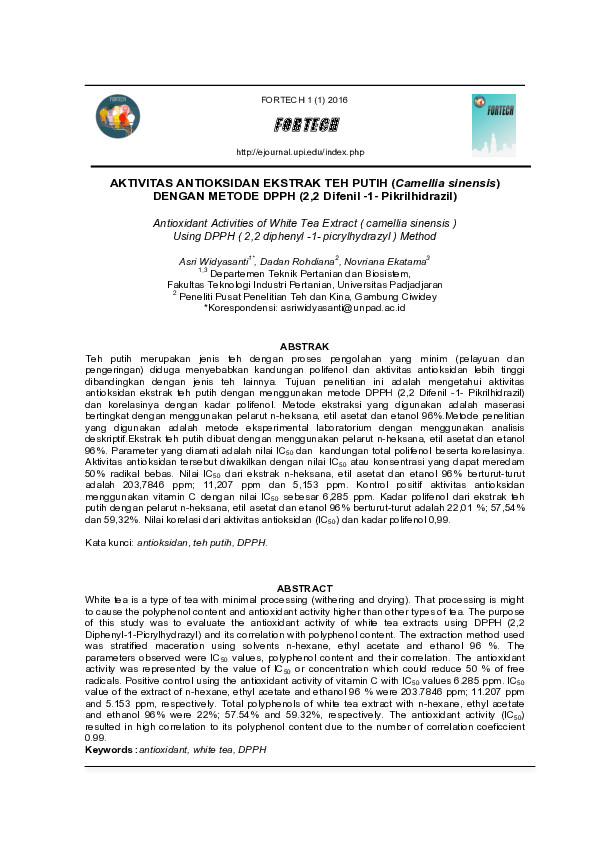 (PDF) AKTIVITAS ANTIOKSIDAN EKSTRAK TEH PUTIH (Camellia sinensis) DENGAN METODE DPPH (2,2 ...