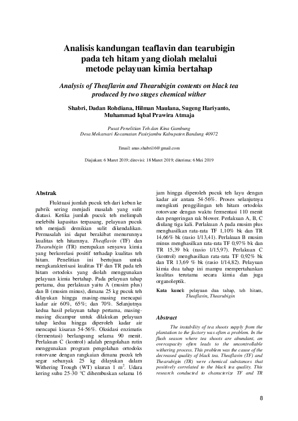 (PDF) Analisis kandungan teaflavin dan tearubigin pada teh hitam yang diolah melalui metode ...