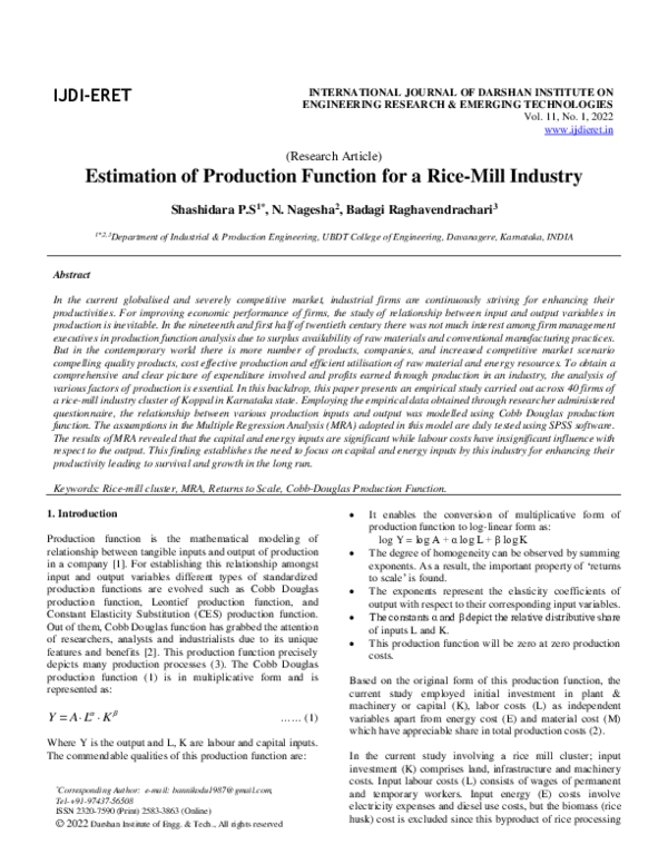 (PDF) Estimation of Production Function for a Rice-Mill Industry