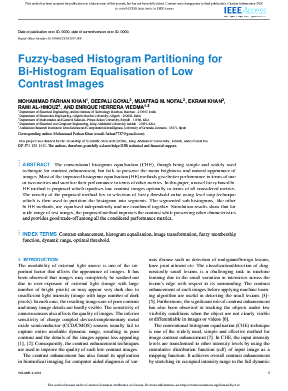 (PDF) Fuzzy-based Histogram Partitioning for Bi-Histogram Equalisation of Low Contrast Images