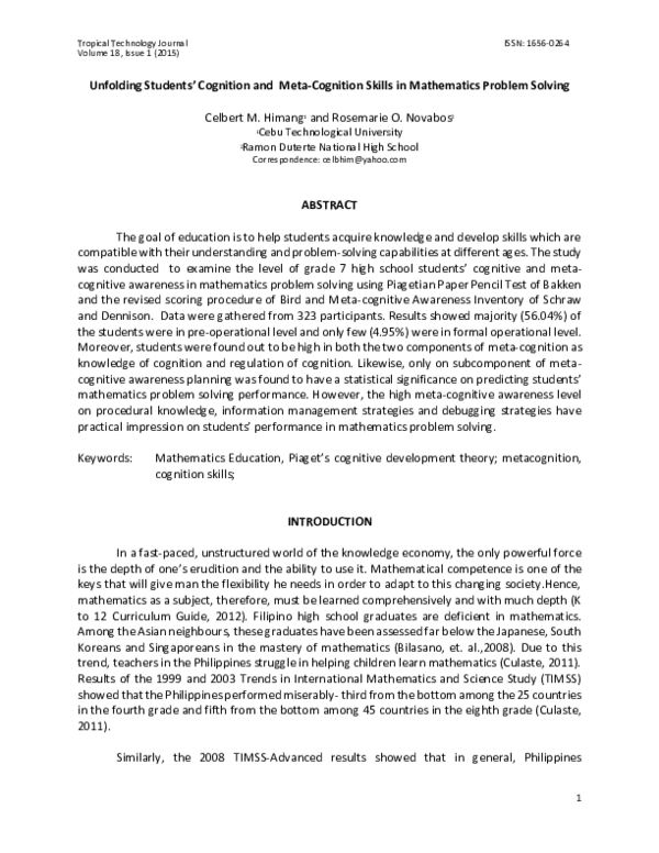 (PDF) Unfolding Students' Cognition and Meta-Cognition Skills in Mathematics Problem Solving