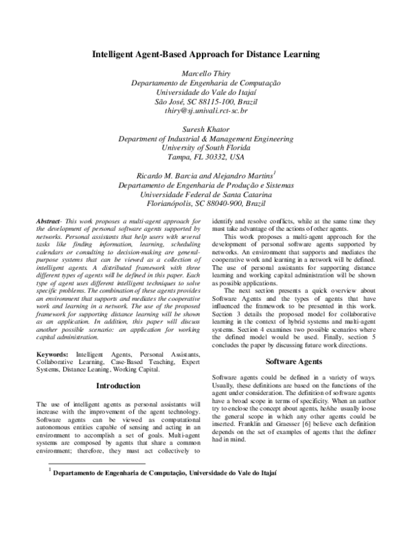 (PDF) Intelligent agent-based approach for distance learning