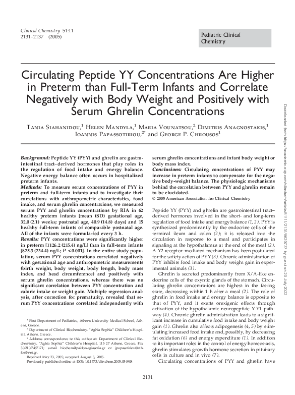 (PDF) Circulating Peptide YY Concentrations Are Higher in Preterm than ...