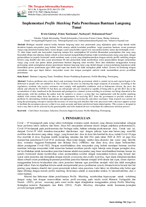 (PDF) Implementasi Profile Matching Pada Penerimaan Bantuan Langsung Tunai | frinto tambunan ...