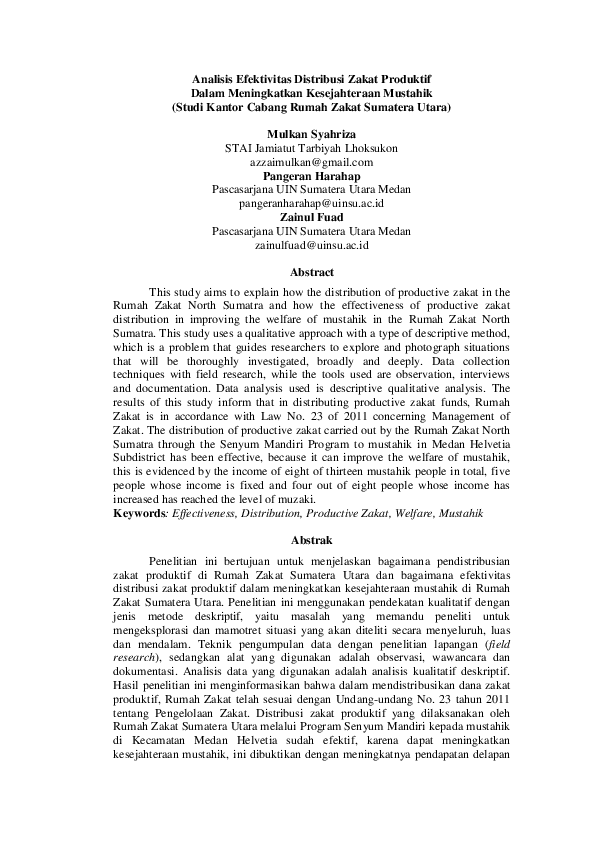 (PDF) Analisis Efektivitas Distribusi Zakat Produktif Dalam Meningkatkan Kesejahteraan Mustahik ...