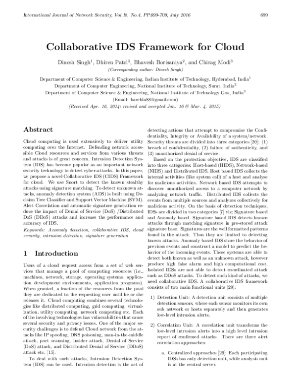 (PDF) Collaborative IDS Framework for Cloud