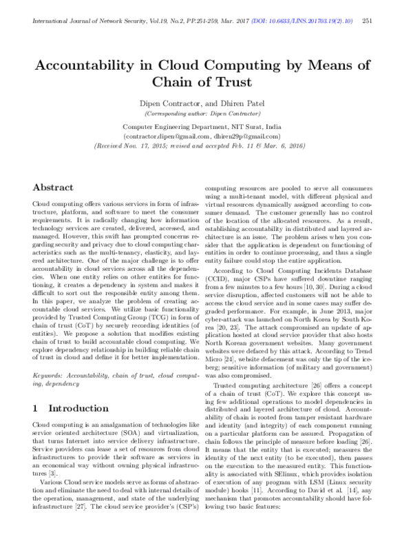 (PDF) Accountability in Cloud Computing by Means of Chain of Trust