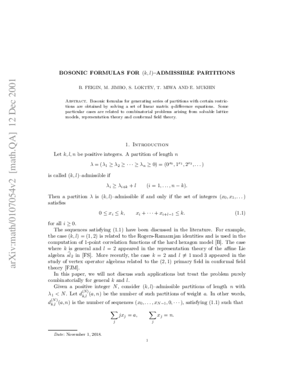 (PDF) Bosonic Formulas for (k, l)-Admissible Partitions