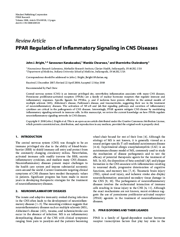 (PDF) PPAR Regulation of Inflammatory Signaling in CNS Diseases | John ...