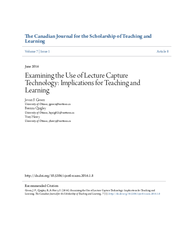 Examining the Use of Lecture Capture Technology: Implications for ...