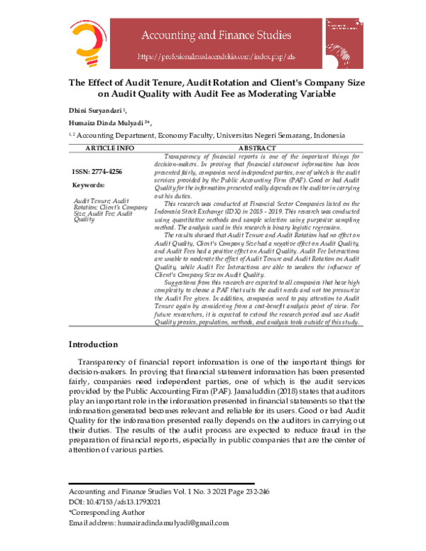 (PDF) The Effect of Audit Tenure, Audit Rotation and Client's Company Size on Audit Quality with ...