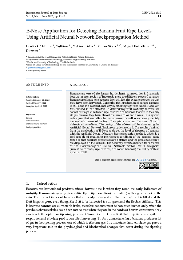 Pdf E Nose Application For Detecting Banana Fruit Ripe Levels Using Artificial Neural Network