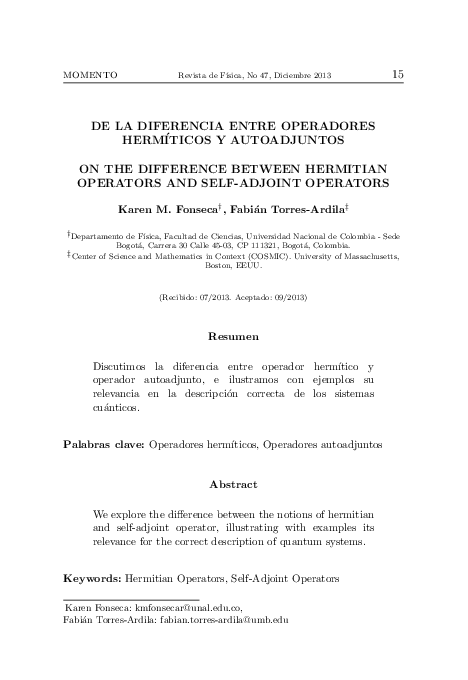 (PDF) De La Diferencia Entre Operadores Hermíticos y Autoadjuntos on the Difference Between ...