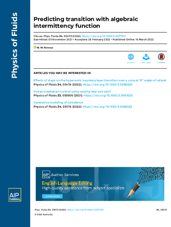Pdf Predicting Transition With Algebraic Intermittency Function