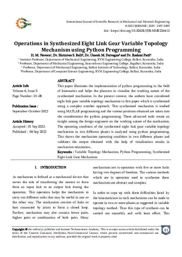 (PDF) Operations in Synthesized Eight Link Gear Variable Topology Mechanism using Python Programming