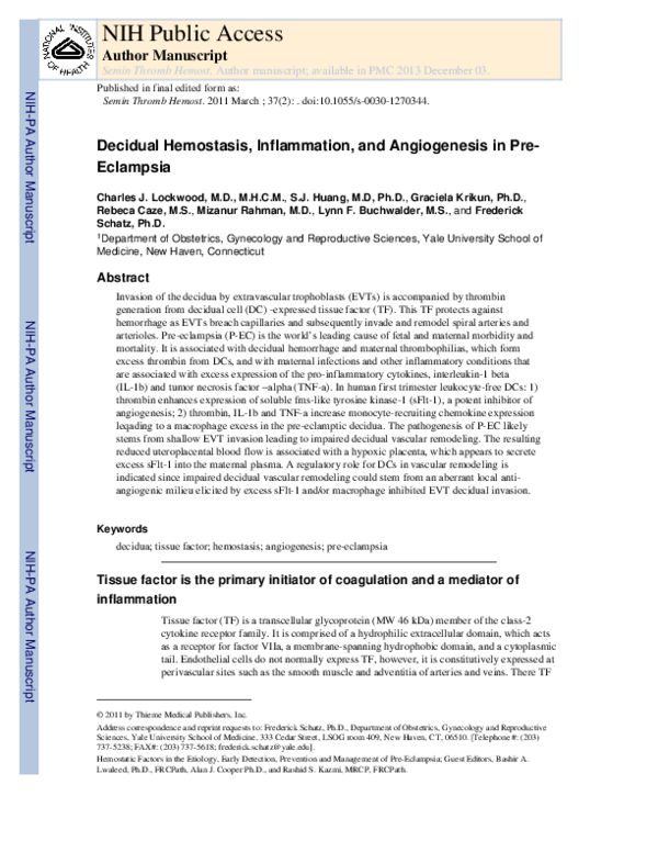 (PDF) Decidual Hemostasis, Inflammation, and Angiogenesis in Pre-Eclampsia