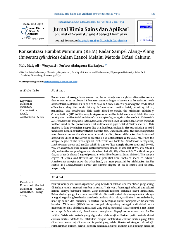 (PDF) Konsentrasi Hambat Minimum (KHM) Kadar Sampel Alang-Alang (Imperata cylindrica) dalam ...