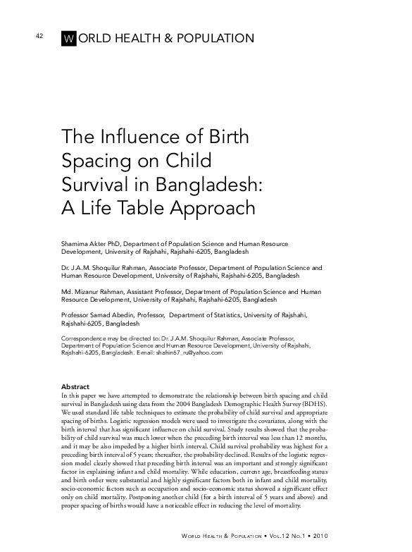 (PDF) The influence of birth spacing on child survival in Bangladesh: a ...