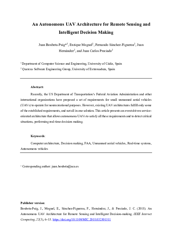 Pdf An Autonomous Uav Architecture For Remote Sensing And Intelligent