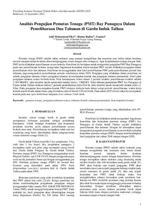 (PDF) Analisis Pengujian Pemutus Tenaga (PMT) Bay Punagaya Dalam Pemeliharaan Dua Tahunan di ...
