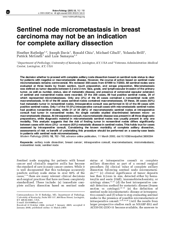 Pdf Sentinel Node Micrometastasis In Breast Carcinoma May Not Be An Indication For Complete
