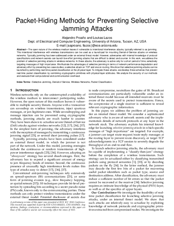 (PDF) Packet-Hiding Methods for Preventing Selective Jamming Attacks