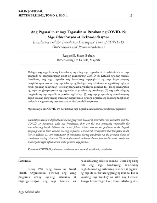(PDF) Ang Pagsasalin at mga Tagasalin sa Panahon ng COVID-19: Mga ...