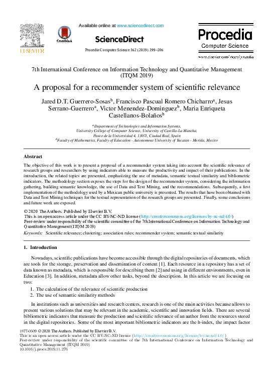 (PDF) A proposal for a recommender system of scientific relevance
