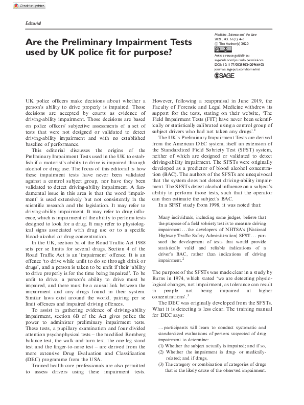(PDF) Are the Preliminary Impairment Tests used by UK police fit for ...