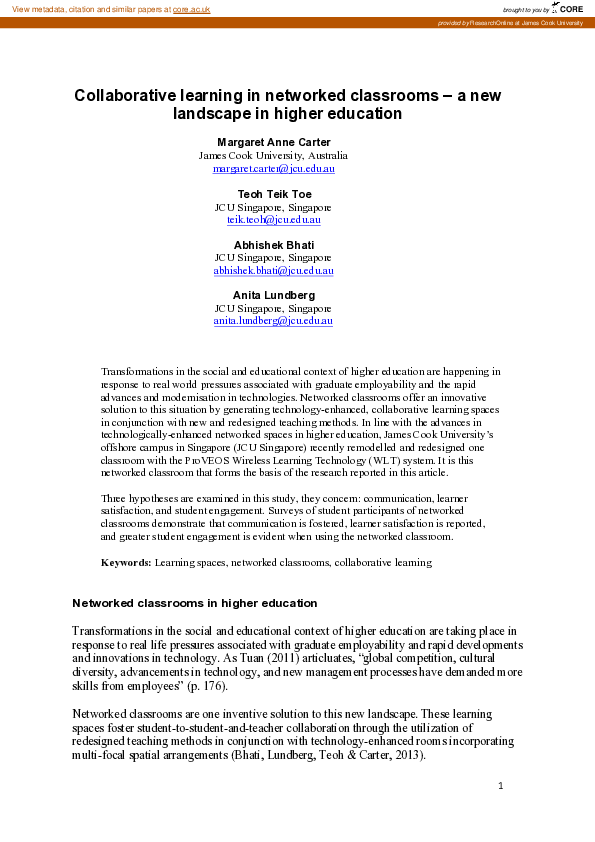 (PDF) Collaborative learning in networked classrooms: a new landscape in higher education