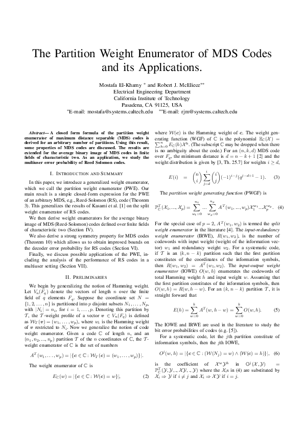 (PDF) The partition weight enumerator of MDS codes and its applications