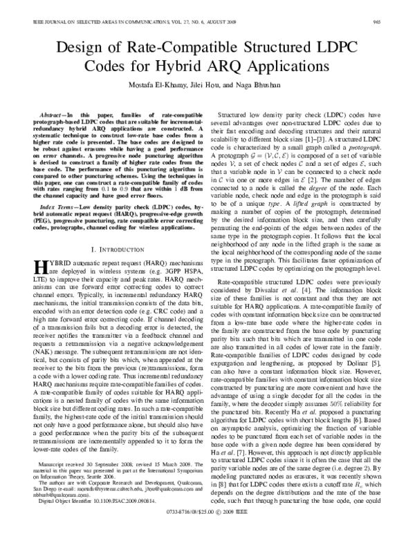 Pdf Design Of Rate Compatible Structured Ldpc Codes For Hybrid Arq Applications