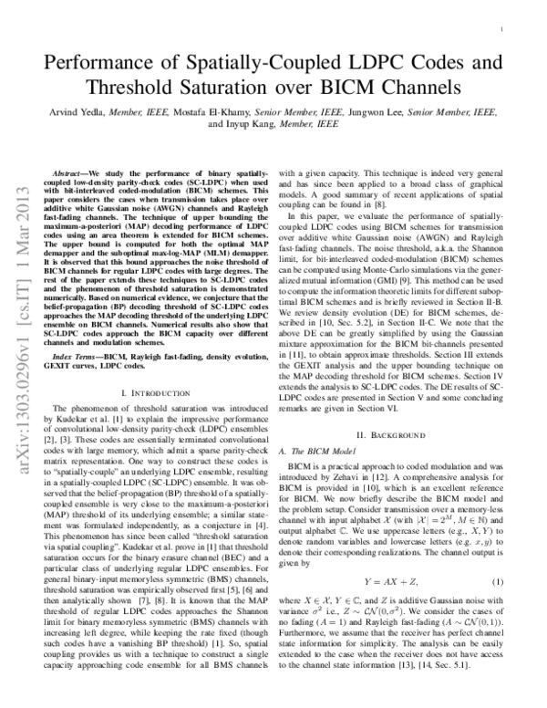 (PDF) Performance of spatially-coupled LDPC codes and threshold saturation over BICM channels