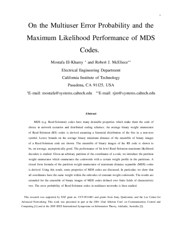 (PDF) On the Multiuser Error Probability and the Maximum Likelihood Performance of MDS Codes