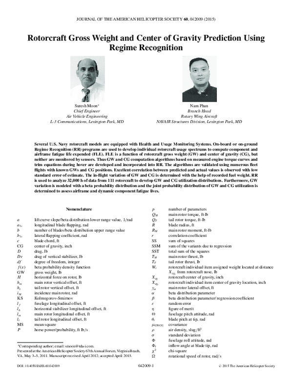 (PDF) Rotorcraft Gross Weight and Center of Gravity Prediction Using Regime Recognition