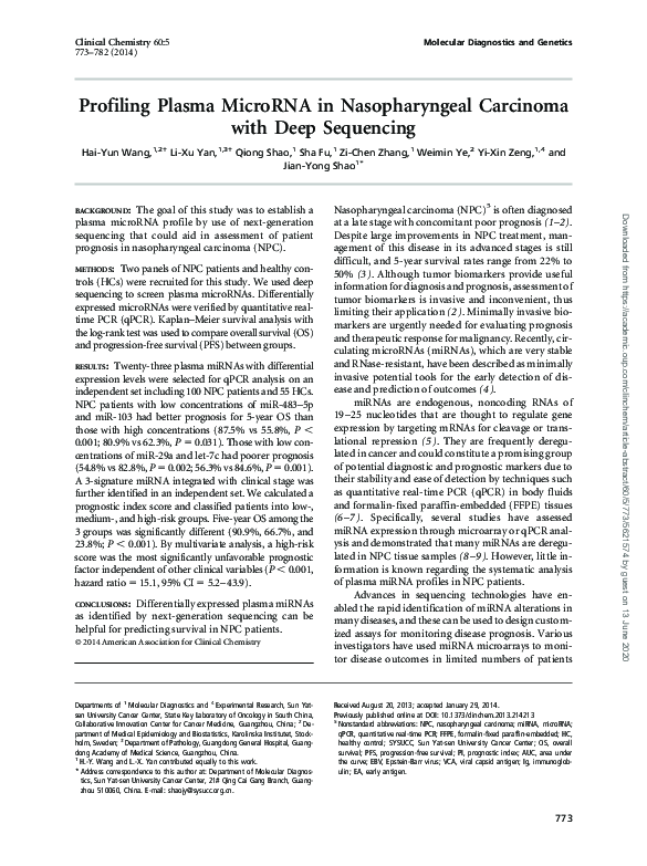 (PDF) Profiling Plasma MicroRNA in Nasopharyngeal Carcinoma with Deep ...