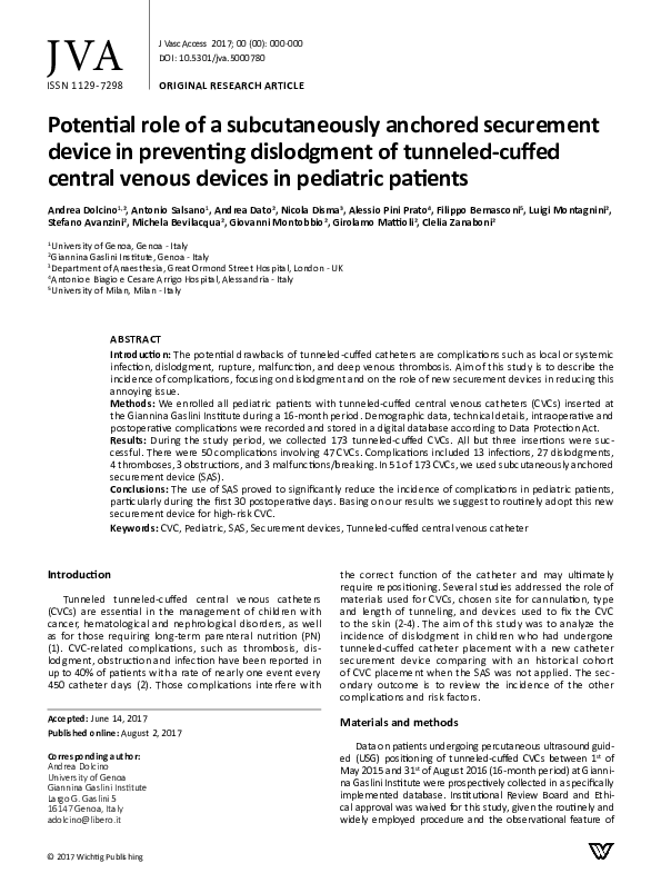 (PDF) Potential Role of a Subcutaneously Anchored Securement Device in Preventing Dislodgment of ...